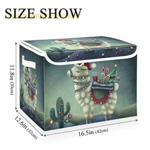 innewgogo Cute Llama in Santa Hat Storage Bins with Lids for Organizing Large Collapsible Storage Bins with Handles Oxford Cloth Storage Cube Box for Toys