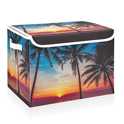 CaTaKu Sea Sunset Tropical Storage Bins with Lids and Handles, Fabric Large Storage Container Cube Basket with Lid Decorative Storage Boxes for Organizing Clothes