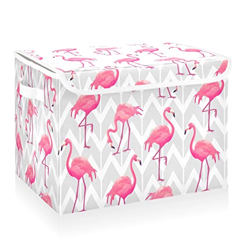 CaTaKu Flamingos Grey Geometric Storage Bins with Lids and Handles, Fabric Large Storage Container Cube Basket with Lid Decorative Storage Boxes for Organizing Clothes