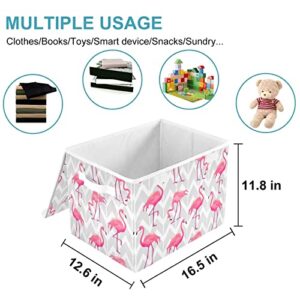 CaTaKu Flamingos Grey Geometric Storage Bins with Lids and Handles, Fabric Large Storage Container Cube Basket with Lid Decorative Storage Boxes for Organizing Clothes