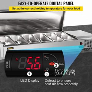 VEVOR Refrigerated Condiment Prep Station, 60-Inch, 16.8Qt Sandwich/Salad Prep Table with 4 1/3 Pans & 4 1/6 Pans, 150W Salad Bar with 304 Stainless Body and Cover Temp Adjuster One-Click Defrosting