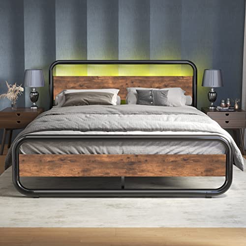 Catrimown King Bed Frame with Headboard LED Bed Frame King Metal Platform Bed Frame King Size Heavy Duty King Wood Platform Bed Frame Under Bed Storage Noise Free No Box Spring Needed