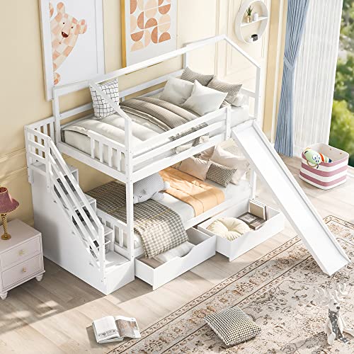 ERDAYE Soild Wood Twin Over Twin House Bunk Bed Frame with Two Drawers, Slide and Storage Staircase,White