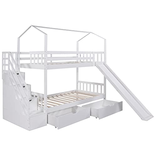 ERDAYE Soild Wood Twin Over Twin House Bunk Bed Frame with Two Drawers, Slide and Storage Staircase,White