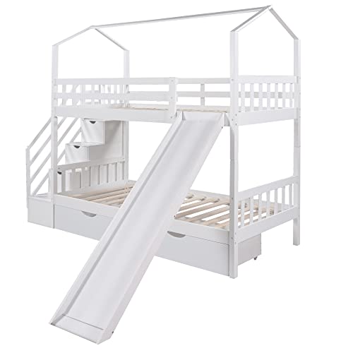 ERDAYE Soild Wood Twin Over Twin House Bunk Bed Frame with Two Drawers, Slide and Storage Staircase,White