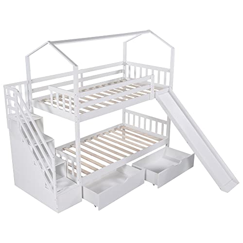 ERDAYE Soild Wood Twin Over Twin House Bunk Bed Frame with Two Drawers, Slide and Storage Staircase,White