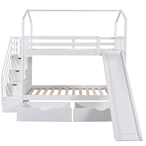 ERDAYE Soild Wood Twin Over Twin House Bunk Bed Frame with Two Drawers, Slide and Storage Staircase,White