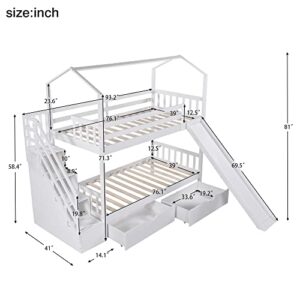 ERDAYE Soild Wood Twin Over Twin House Bunk Bed Frame with Two Drawers, Slide and Storage Staircase,White