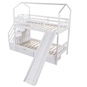 ERDAYE Soild Wood Twin Over Twin House Bunk Bed Frame with Two Drawers, Slide and Storage Staircase,White