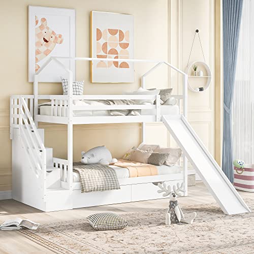 ERDAYE Soild Wood Twin Over Twin House Bunk Bed Frame with Two Drawers, Slide and Storage Staircase,White