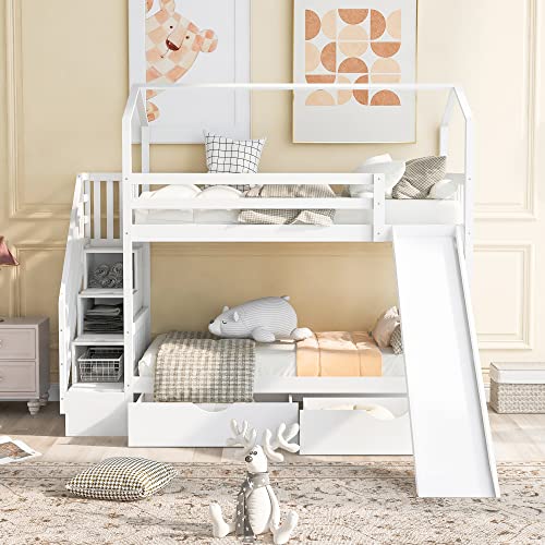 ERDAYE Soild Wood Twin Over Twin House Bunk Bed Frame with Two Drawers, Slide and Storage Staircase,White