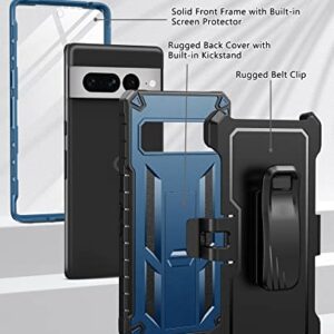 FNTCASE for Google Pixel 7-Pro Phone Case: Rugged Shockproof Protective Holster Clip & Kickstand Case with Built-in Screen Protector | Tough Dual Layer Heavy Duty Protection Cell Phone Cover (Blue)