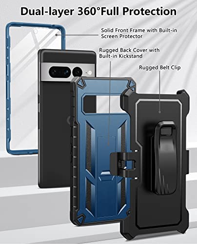 FNTCASE for Google Pixel 7-Pro Phone Case: Rugged Shockproof Protective Holster Clip & Kickstand Case with Built-in Screen Protector | Tough Dual Layer Heavy Duty Protection Cell Phone Cover (Blue)