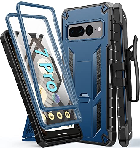 FNTCASE for Google Pixel 7-Pro Phone Case: Rugged Shockproof Protective Holster Clip & Kickstand Case with Built-in Screen Protector | Tough Dual Layer Heavy Duty Protection Cell Phone Cover (Blue)