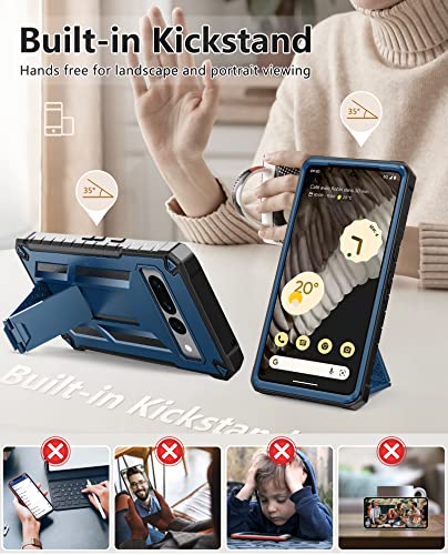 FNTCASE for Google Pixel 7-Pro Phone Case: Rugged Shockproof Protective Holster Clip & Kickstand Case with Built-in Screen Protector | Tough Dual Layer Heavy Duty Protection Cell Phone Cover (Blue)