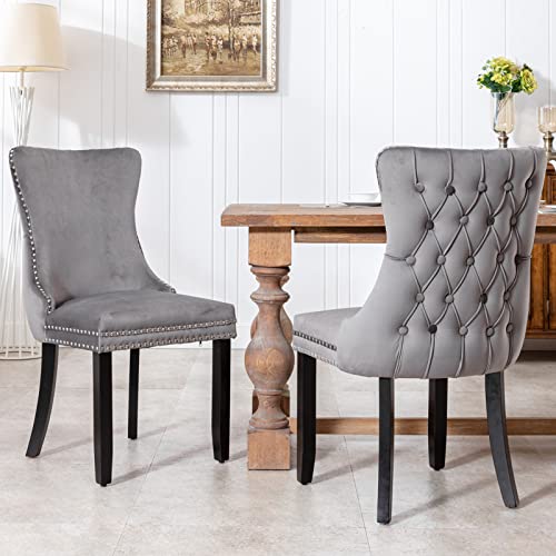 DKLGG Velvet Dining Chairs Set of 2, Upholstered Dining Room Chairs Cozy Wing-Back Dinner Chairs with Backstitching Nailhead Trim & Solid Wood Legs for Kitchen & Dining Room Chairs Living Room, Grey