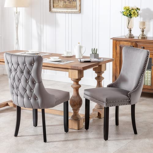 DKLGG Velvet Dining Chairs Set of 2, Upholstered Dining Room Chairs Cozy Wing-Back Dinner Chairs with Backstitching Nailhead Trim & Solid Wood Legs for Kitchen & Dining Room Chairs Living Room, Grey