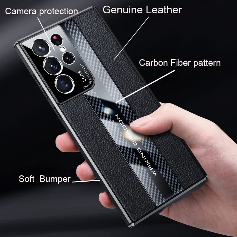 Samsung Galaxy s23 Ultra case Slim TPU Carbon Fiber & Leather Silicone Cover para Compatible with s23Ultra 6.8 inch 5G 2023 Camera Protection Shockproof Phone Case (Black)