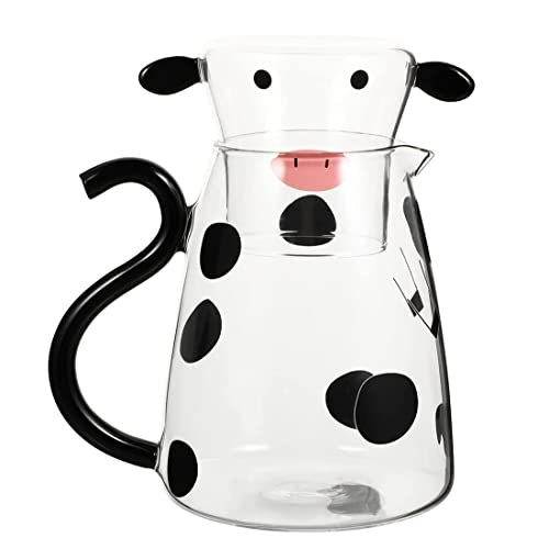 Bedside Water Carafe and Glass Set, 18 OZ Glass Pitcher & 4 OZ Cup, Bedside Night Carafe Pitcher and Water Glass Tumbler Set, Cute Cartoon Cow Glass Water Pitcher with Cup Set for Bedroom (18 oz)