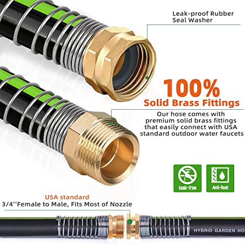 150 ft Hybrid Garden Hose – No Kink,Heavy Duty,Lightweigh Flexible,Leakproof Water Hose – 5/8 in ID,3/4"Solid Brass Connectors - Rubber Car Hoses Pipe for outdoor Watering& Washing,600 Burst PSI