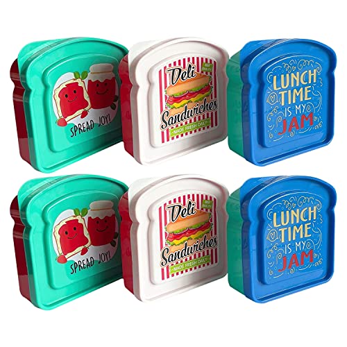 Pack of 6 Food Storage Sandwich Containers, 2 cups / 16 oz / 490 ml - 3 Different Designs. Great for Meal Prep. Kids or Adult Lunch Box - BPA Free and Reusable