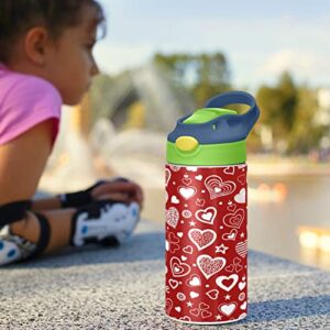 12 oz Kids Water Bottle, Valentine's Day Heart Stainless Steel Vacuum Insulated Flask with Straw Lid Double Wall Leakproof Thermos Reusable Toddlers Tumbler for School Girls Boys