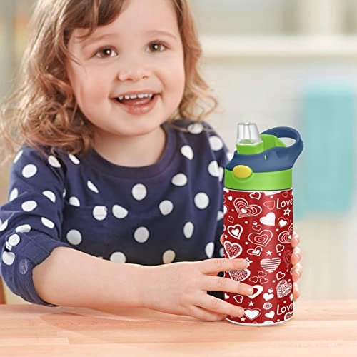 12 oz Kids Water Bottle, Valentine's Day Heart Stainless Steel Vacuum Insulated Flask with Straw Lid Double Wall Leakproof Thermos Reusable Toddlers Tumbler for School Girls Boys