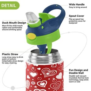 12 oz Kids Water Bottle, Valentine's Day Heart Stainless Steel Vacuum Insulated Flask with Straw Lid Double Wall Leakproof Thermos Reusable Toddlers Tumbler for School Girls Boys