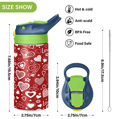 12 oz Kids Water Bottle, Valentine's Day Heart Stainless Steel Vacuum Insulated Flask with Straw Lid Double Wall Leakproof Thermos Reusable Toddlers Tumbler for School Girls Boys