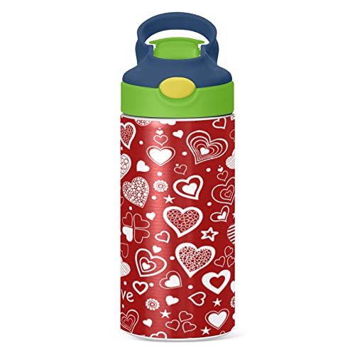 12 oz Kids Water Bottle, Valentine's Day Heart Stainless Steel Vacuum Insulated Flask with Straw Lid Double Wall Leakproof Thermos Reusable Toddlers Tumbler for School Girls Boys