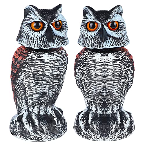 Hausse 2 Pack Fake Owl Decoy Bird Scarecrow Sculpture, Rotating Head Plastic Owl Bird Deterrents, Nature Enemy Horned Pest Repellent for Outdoor Garden Yard