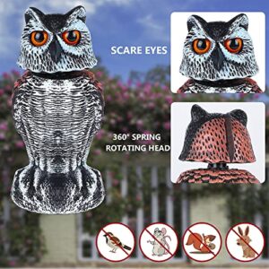 Hausse 2 Pack Fake Owl Decoy Bird Scarecrow Sculpture, Rotating Head Plastic Owl Bird Deterrents, Nature Enemy Horned Pest Repellent for Outdoor Garden Yard