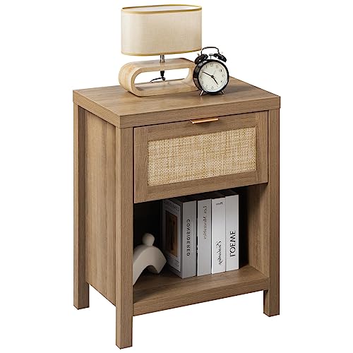 SICOTAS Rattan Nightstand - Farmhouse Night Stand with Drawer and Storage Shelf - Boho Accent Table Bedside Table End Table Side Table for Bedroom Wood