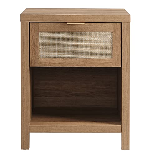 SICOTAS Rattan Nightstand - Farmhouse Night Stand with Drawer and Storage Shelf - Boho Accent Table Bedside Table End Table Side Table for Bedroom Wood