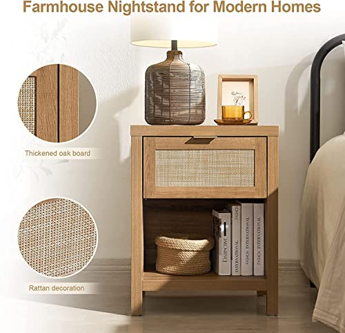 SICOTAS Rattan Nightstand - Farmhouse Night Stand with Drawer and Storage Shelf - Boho Accent Table Bedside Table End Table Side Table for Bedroom Wood