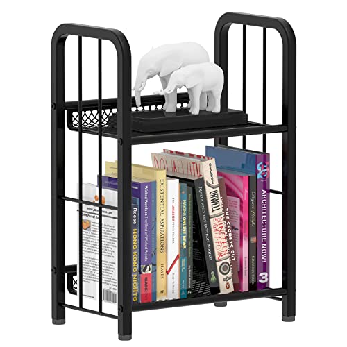 Azheruol Bookshelf Storage Shelf Bookcase Freestanding Storage Stand for Living Room, Bedroom, Kitchen, Rust Resistance, Easy Assembly Free Combination Multi-Functional Organizer (2 Tiers, Black)