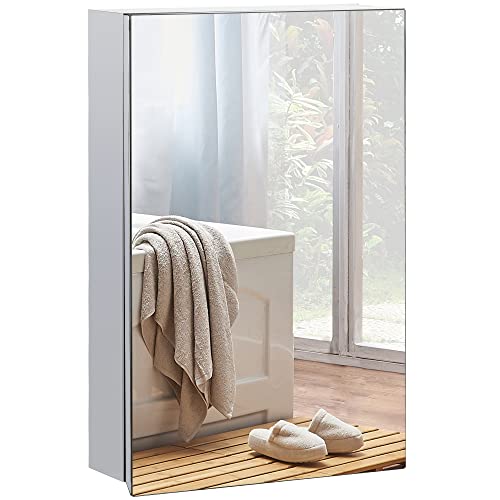 kleankin Wall-Mounted Medicine Cabinet with Mirror, Bathroom Mirror Cabinet Wall Mounted with Hinged Door, Storage Shelves for Living Room and Laundry Room, Silver