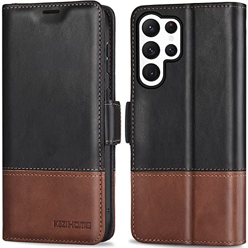 KEZiHOME Samsung Galaxy S23 Ultra Case, Genuine Leather [RFID Blocking], Card Slot Flip Magnetic Stand Cover (Black/Brown)