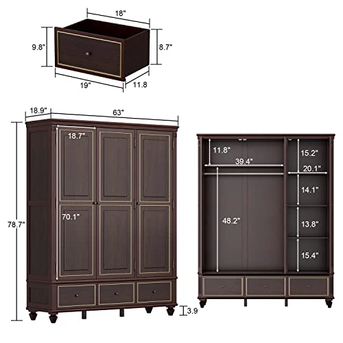 ECACAD Large Wardrobe Armoire with 6 Compartments, 3 Drawers, Hanging Rod & 3 Doors, Wooden Closet Storage Cabinet with Shelves for Bedroom, Dark Brown (63" W x 18.9" D x 78.7" H)