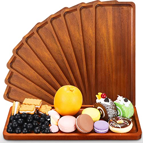 10 Pack Solid Wood Serving Trays Acacia Wooden Server Platter Rectangular Charcuterie Boards with Grooved Handle for Home Room Coffee Cheese Appetizer Table Farmhouse Serving Decor (13.8 x 5.4 Inch)