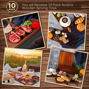 10 Pack Solid Wood Serving Trays Acacia Wooden Server Platter Rectangular Charcuterie Boards with Grooved Handle for Home Room Coffee Cheese Appetizer Table Farmhouse Serving Decor (13.8 x 5.4 Inch)