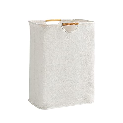 Laundry Basket, Cotton Linen Wooden Handles Laundry Hamper for Bedroom (S)