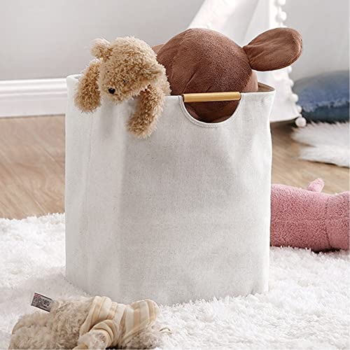 Laundry Basket, Cotton Linen Wooden Handles Laundry Hamper for Bedroom (S)