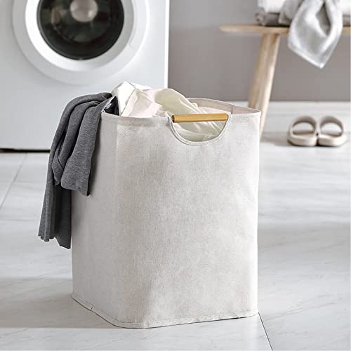 Laundry Basket, Cotton Linen Wooden Handles Laundry Hamper for Bedroom (S)