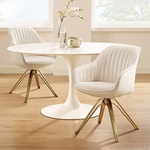 Art Leon Swivel Dining Chair, Set of 2, Office Chair No Wheels, Fabric Upholstered Kitchen Dining Room Chairs with Gold Legs, Mid Century Modern Accent Chair with Arms, Off White