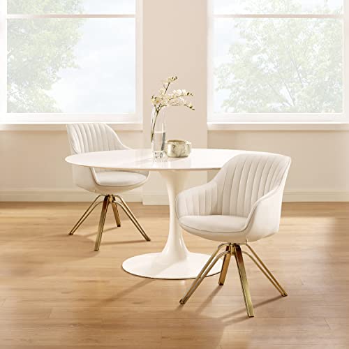 Art Leon Swivel Dining Chair, Set of 2, Office Chair No Wheels, Fabric Upholstered Kitchen Dining Room Chairs with Gold Legs, Mid Century Modern Accent Chair with Arms, Off White