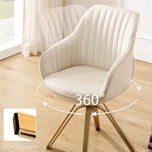 Art Leon Swivel Dining Chair, Set of 2, Office Chair No Wheels, Fabric Upholstered Kitchen Dining Room Chairs with Gold Legs, Mid Century Modern Accent Chair with Arms, Off White