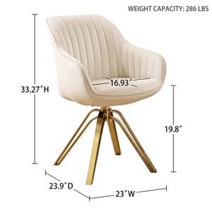 Art Leon Swivel Dining Chair, Set of 2, Office Chair No Wheels, Fabric Upholstered Kitchen Dining Room Chairs with Gold Legs, Mid Century Modern Accent Chair with Arms, Off White