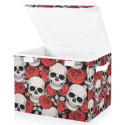 innewgogo Skull Roses Storage Bins with Lids for Organizing Closet Organizers with Handles Oxford Cloth Storage Cube Box for Home