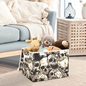 innewgogo Skulls Black Storage Bins with Lids for Organizing Cube Cubby with Handles Oxford Cloth Storage Cube Box for Bed Room